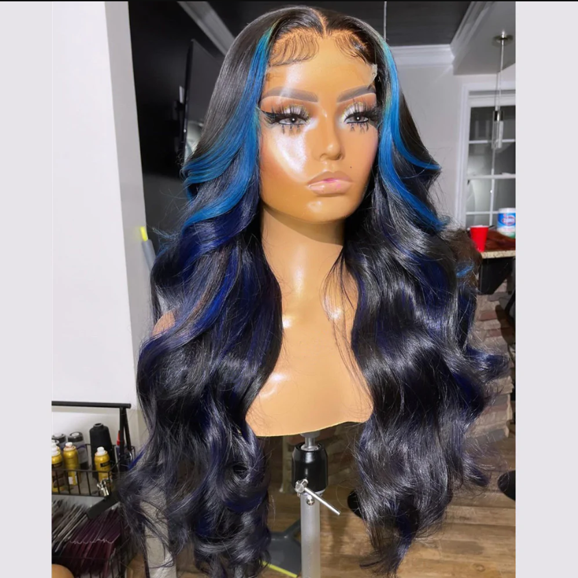 Peruvian Hair Black with Ocean Blue Highlight Style Lace Front Wig ...
