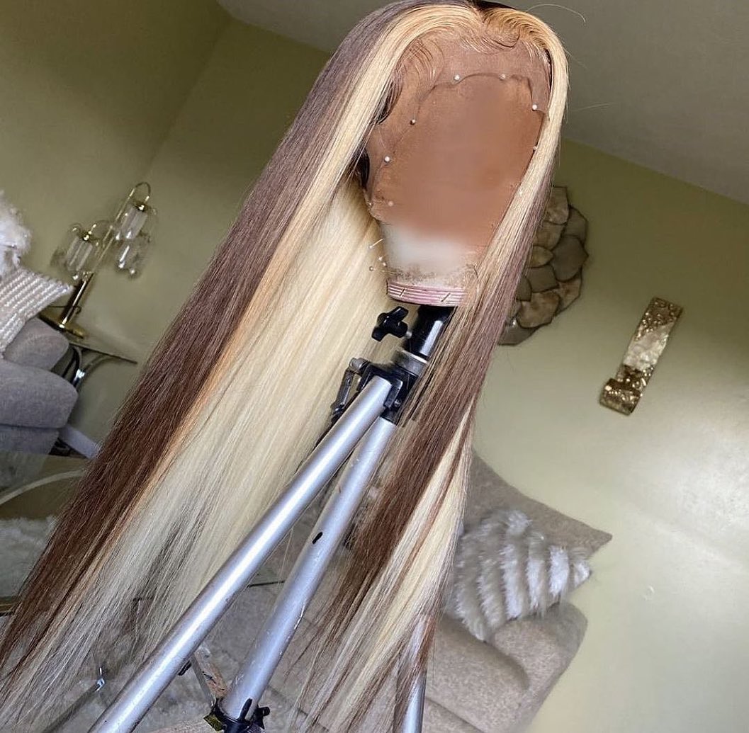 Peruvian Hair Blond with Brown Color Highlights Straight Lace Front Wi ...
