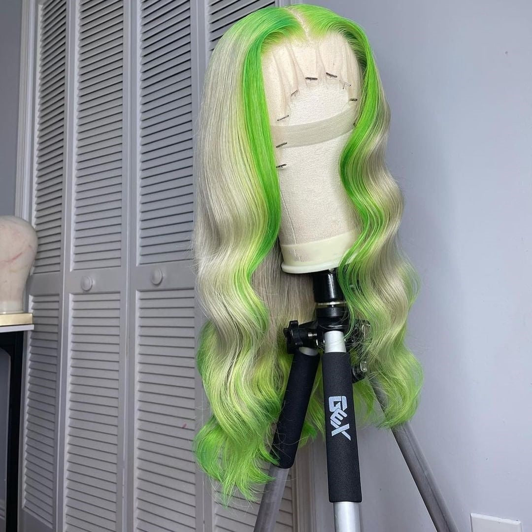 Peruvian Hair Silver & Light Green Highlights Style Lace Front Wig ...
