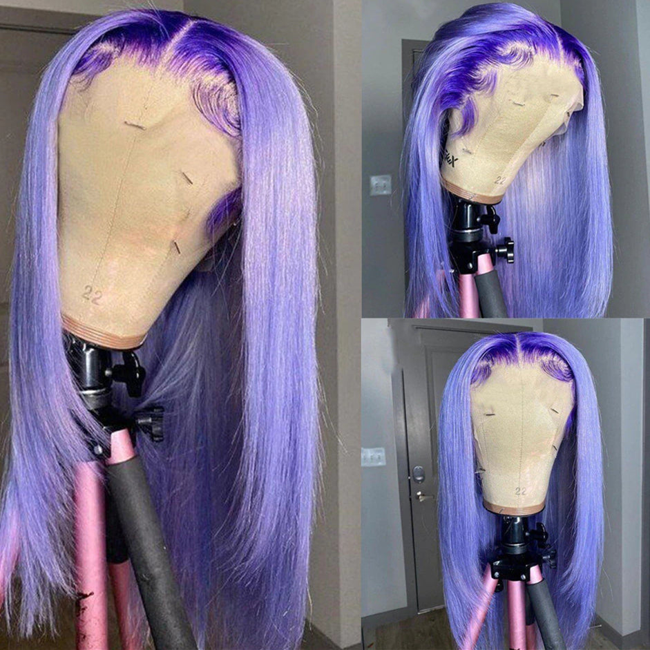 Cornflower Blue & Purple 100% Human Hair Straight Lace Front Bob Wig ...